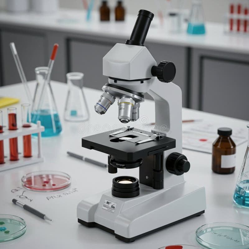 Laboratory Scene with a Microscope Prominently Placed on a White Table ...
