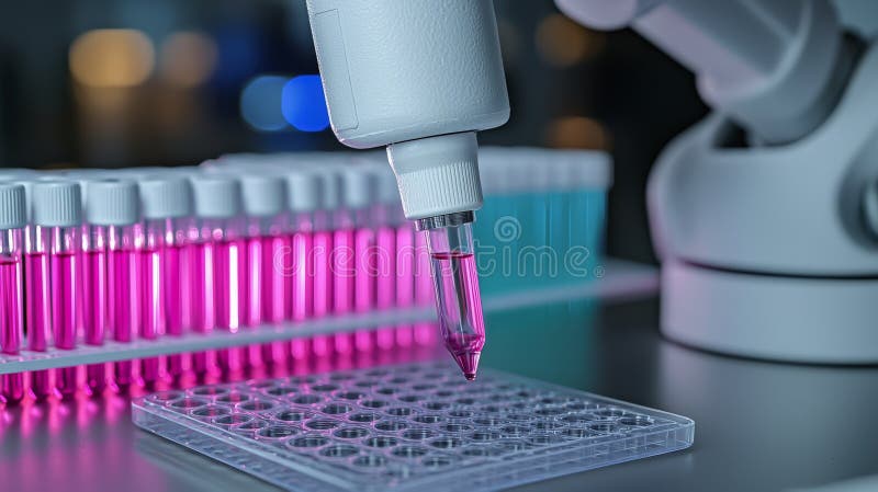 Laboratory Scene with Robotic Arm Handling Samples in Vibrant Pink ...