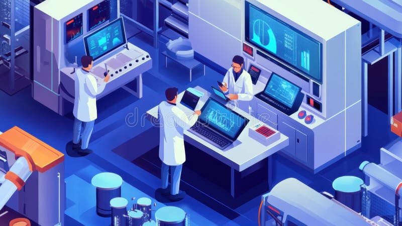 Laboratory Scene With Scientists Analyzing Data On Computers Stock