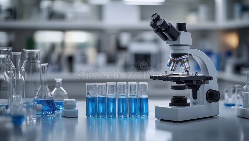 Laboratory Scene Showcasing Microscope and Blue Liquid Test Tubes with ...