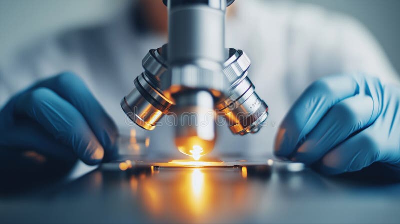 Close-up of Microscope and Gloved Hands in Science Lab Conducting ...