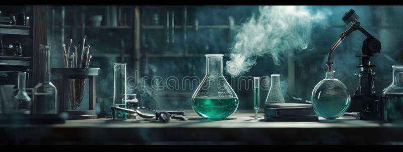 A Laboratory Scene with Various Glassware and Green Liquid, Suggesting ...