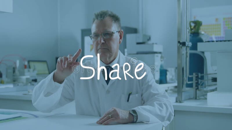 In Laboratory, Scientist in Lab Coat Gesturing with Share Text Overlay ...