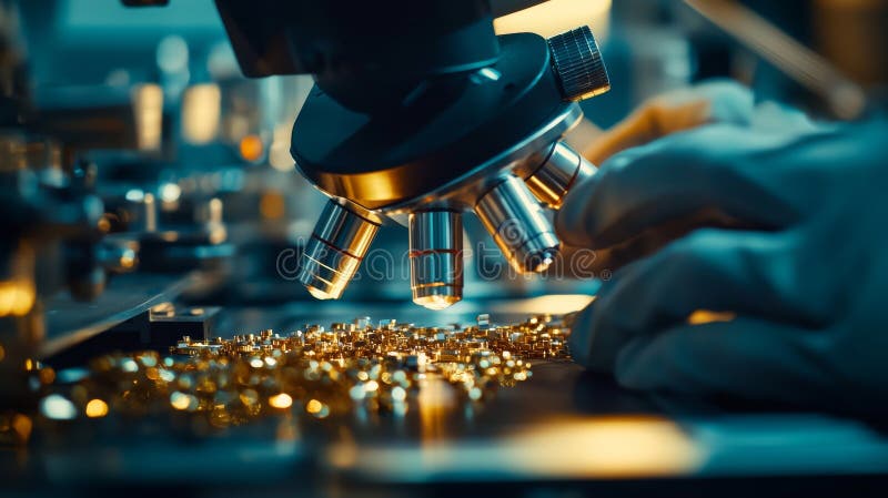 In a Laboratory, a Scientist Scrutinizes a Semiconductor Wafer Under a ...