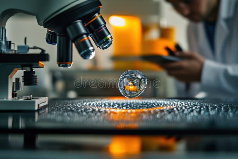 Scientist Conducts Experiment Using a Microscope and Liquid Drop in ...