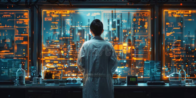 A Scientist Wearing a Lab Coat is Examining Data on a Computer Screen ...