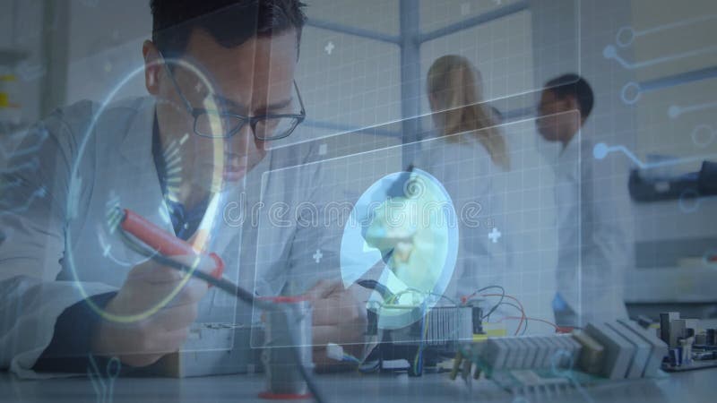 In Laboratory, Scientist Working on Electronics with Animation of Brain ...