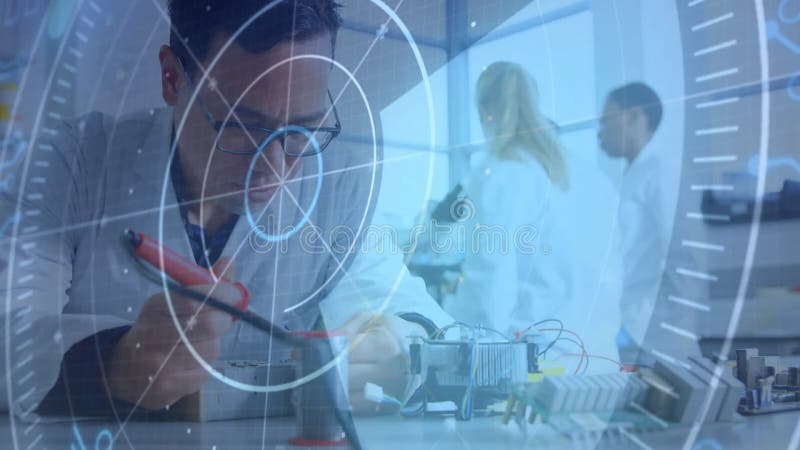 In Laboratory, Scientist Working on Electronics with Digital Animation ...