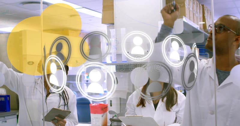 In Laboratory, Scientists Collaborating with Digital Network Icons ...