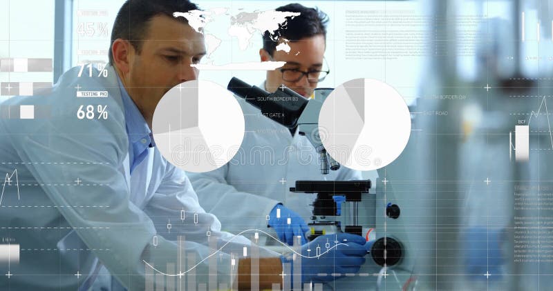 In Laboratory, Scientists Using Microscope with Data Processing Animation Overlaying Scene Stock ...