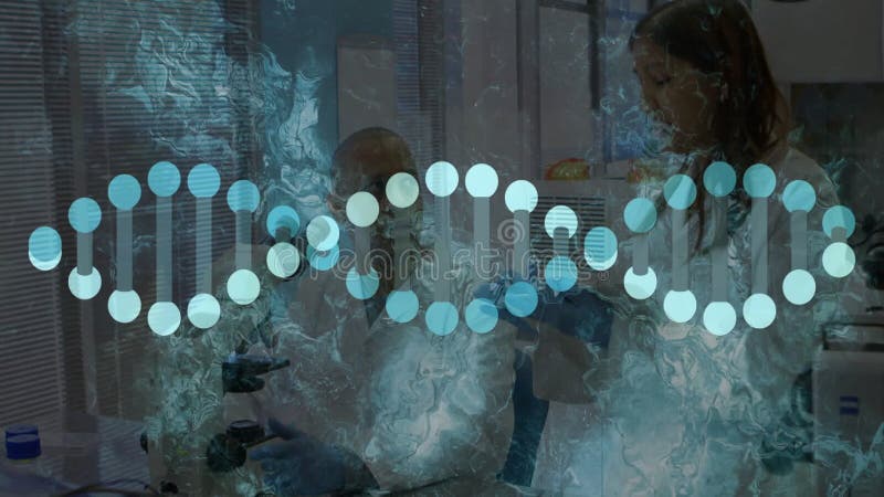 In Laboratory, Scientists Working with DNA Strand Animation Displayed ...