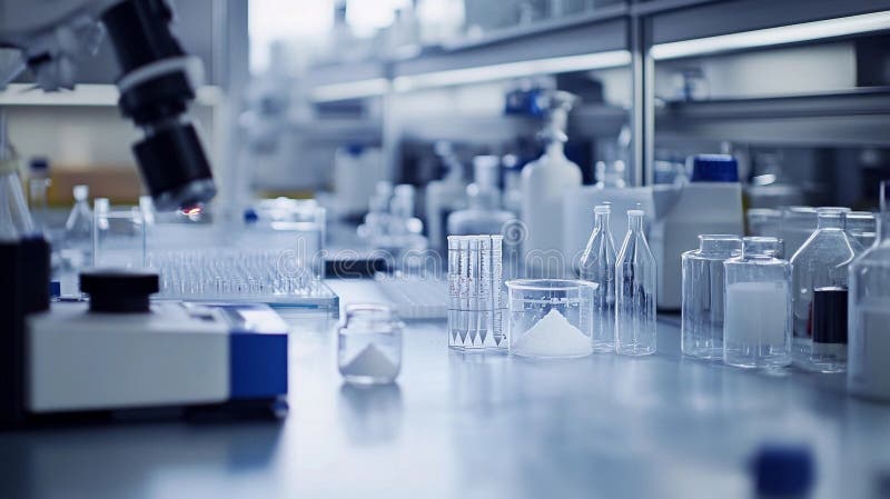 Laboratory Session with Various Glassware, Tools, and Microscope during ...