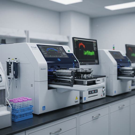 Laboratory Setting with Advanced DNA Sequencing Machines Featuring Digital Displays Stock ...