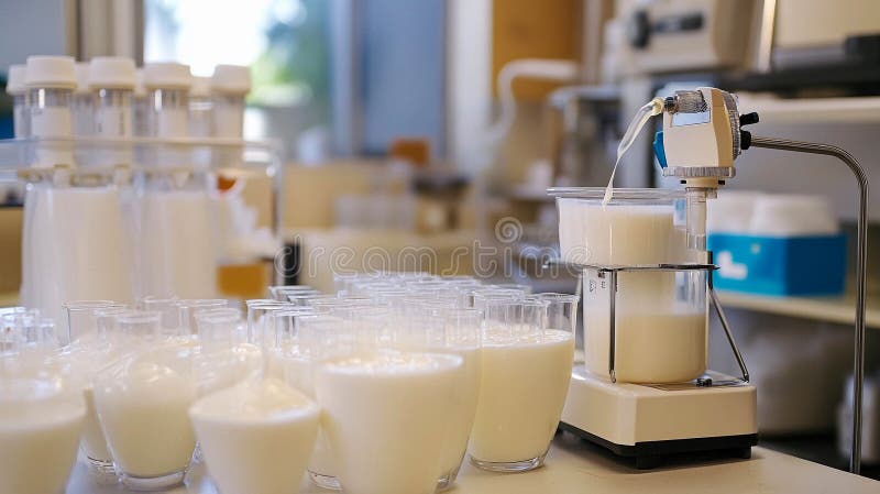 Milk Processing in a Laboratory Setting Showcasing Various Glass ...