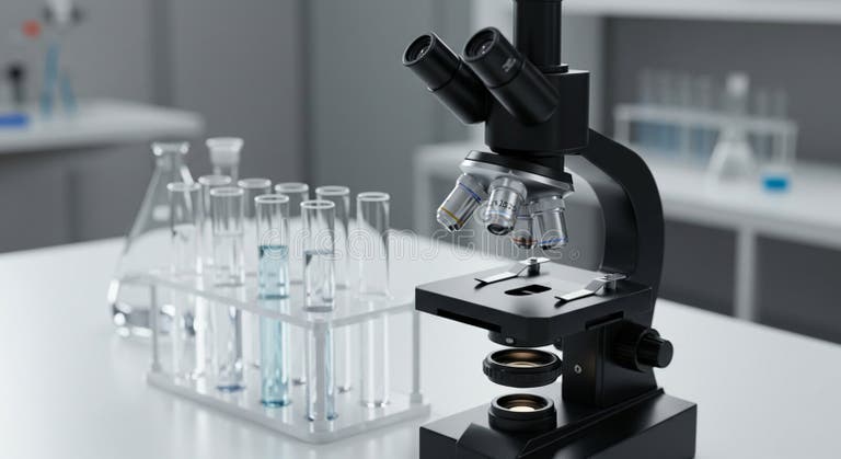 A Laboratory Setting Features a Black Compound Microscope with Multiple ...