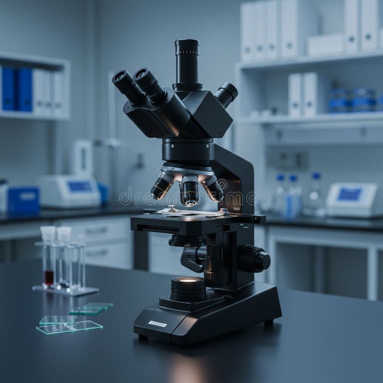 A Laboratory Setting Features a Modern, Black Microscope with Multiple ...