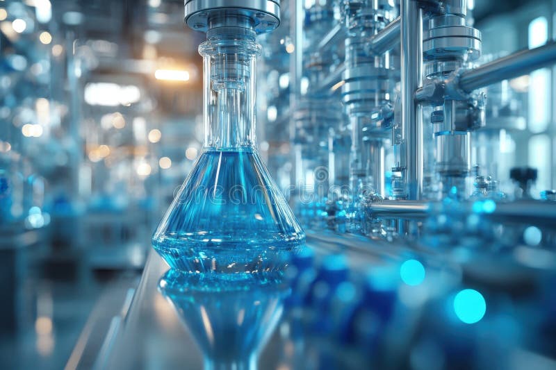 Laboratory Setting Featuring a Blue Liquid in a Flask during Scientific ...