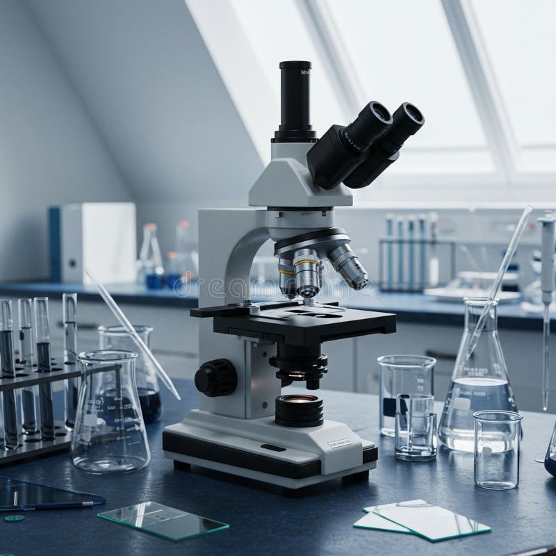 Laboratory Setting Featuring a Light Microscope with Two Eyepieces and ...