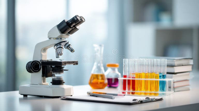 Laboratory Setting Featuring a Microscope with Test Samples Organized ...