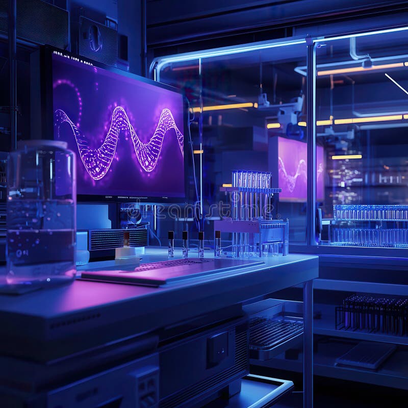 Laboratory Setting Featuring a Monitor Microscope and Various Research ...