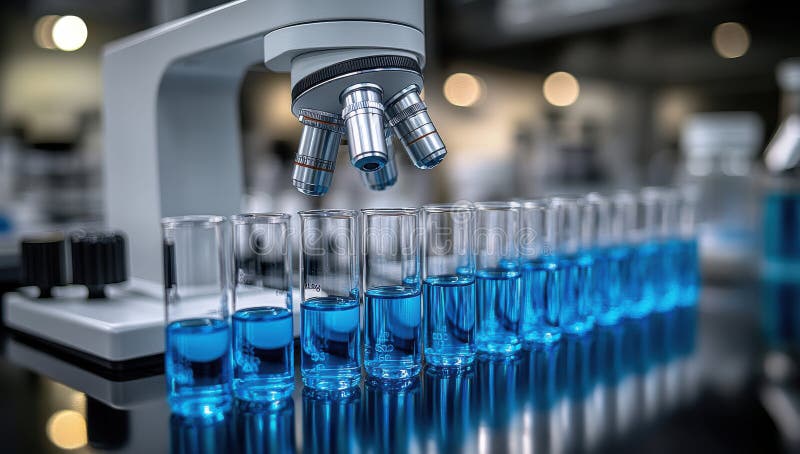 Laboratory Setting Featuring an Open Microscope and Test Tubes Filled ...