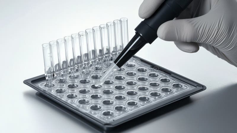 A Laboratory Setting Featuring a Pipette and a Plate of Test Tubes for ...