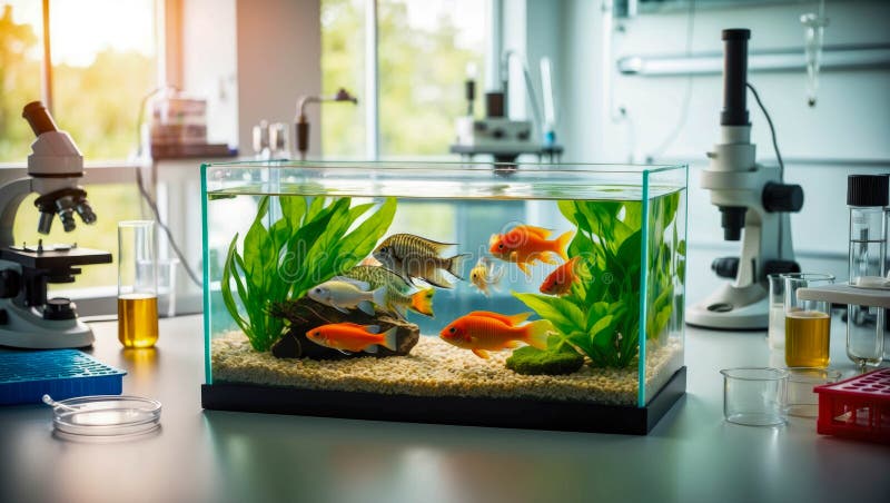 Laboratory Setting with Fish Tank, Microscopes, and Scientific ...