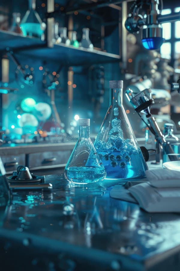 A Laboratory Setting with a Large Quantity of Blue Liquid Stock Photo ...