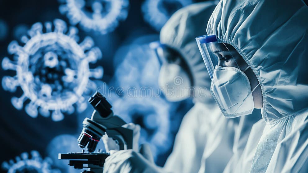 In a Laboratory Setting, Medical Workers in Protective Suits Analyze ...
