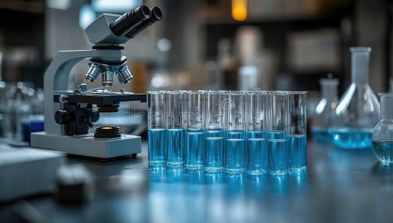 Laboratory Setting with Microscope and Test Tubes Containing Blue ...