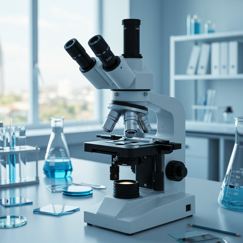 Laboratory Setting with a Modern Compound Microscope on a Gray ...