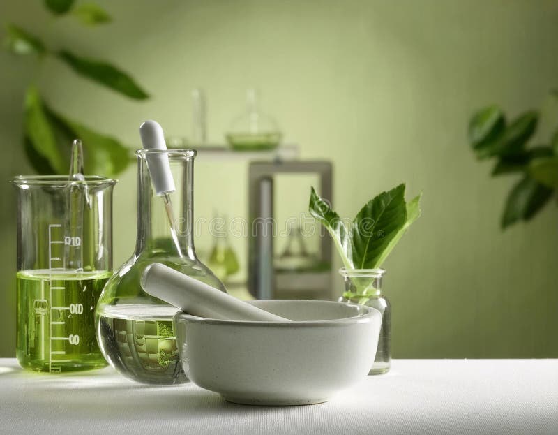Natural Ingredients in Cosmetics Lab: Mortar and Pestle on White Table ...