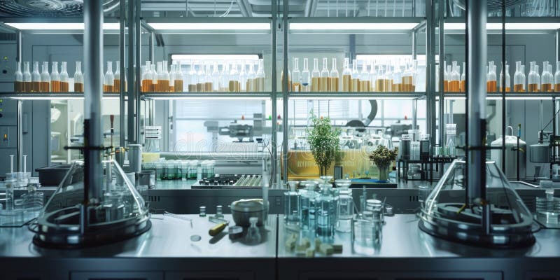 A Laboratory Setting with Numerous Bottles and a Plant, Suitable for ...