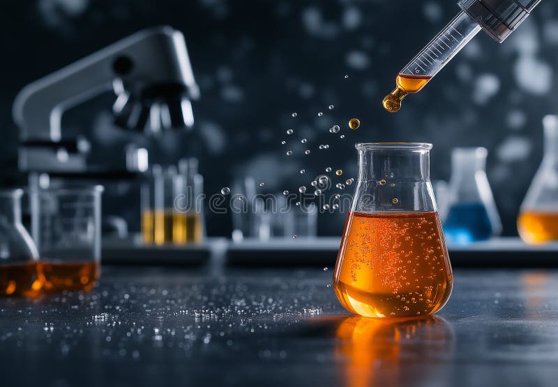 In Laboratory Setting, Pipette Releases Droplets into Flask Filled with ...