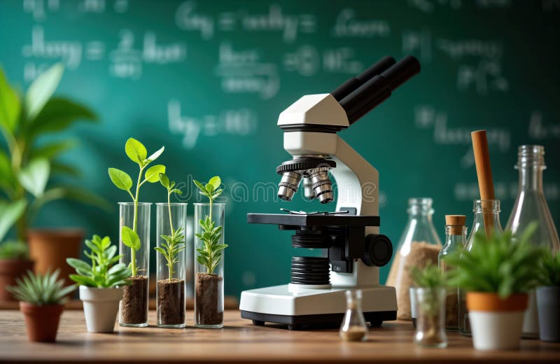 Laboratory Setting with Plants in Test Tubes, Microscope. Science ...