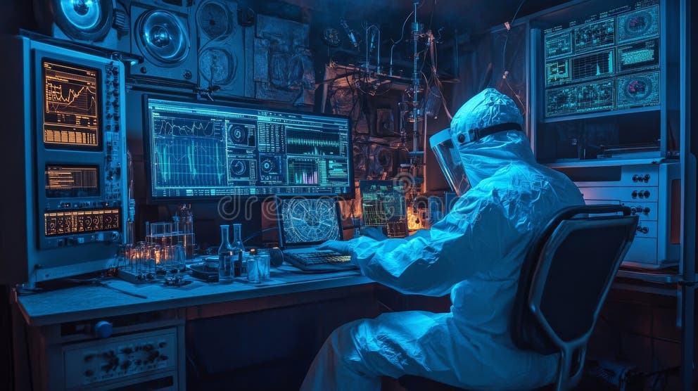In a Laboratory Setting, a Scientist in Protective Attire Conducts ...