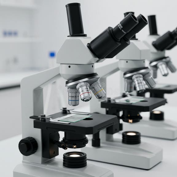 Laboratory Setting with Three Aligned Compound Microscopes Featuring Multiple Stock Illustration ...