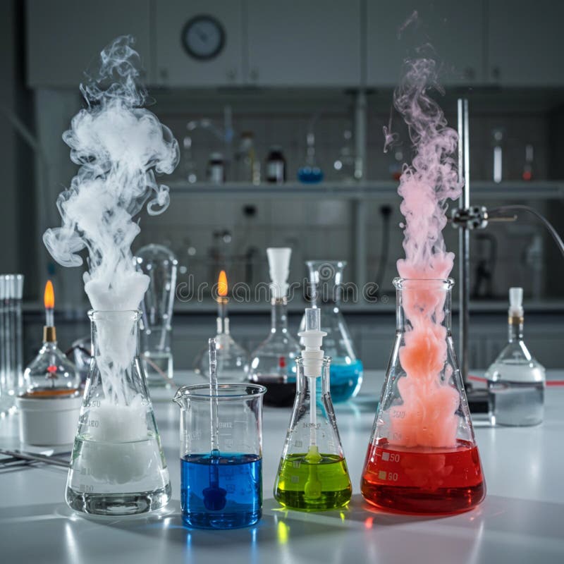 A Laboratory Setting with Various Glassware Containing Colored Liquids ...