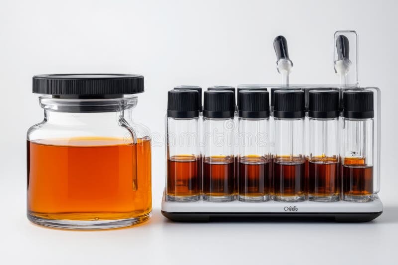 Laboratory Setup with Amber Liquid in a Jar and Test Tubes on a Clear ...