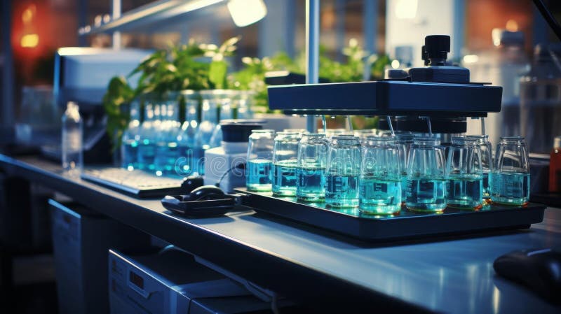 Laboratory Setup with Beakers and Equipment Stock Illustration ...