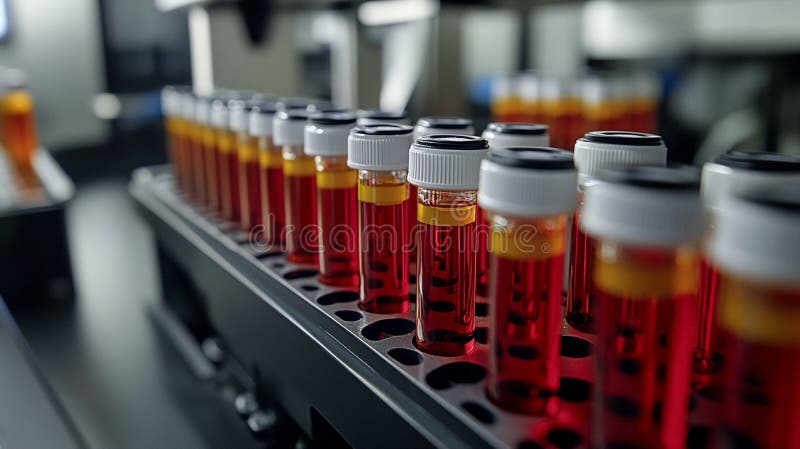 Laboratory Setup with Blood Sample Vials Arranged on a Rack during ...