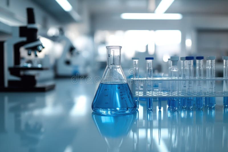 Laboratory Setup with Blue Liquid in Flasks and a Microscope in the ...