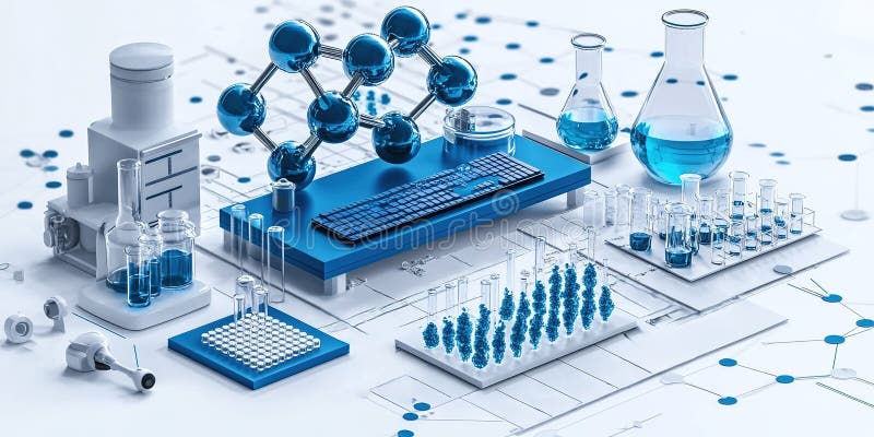 Laboratory Setup Featuring Blue Chemical Solutions and Molecular Models ...
