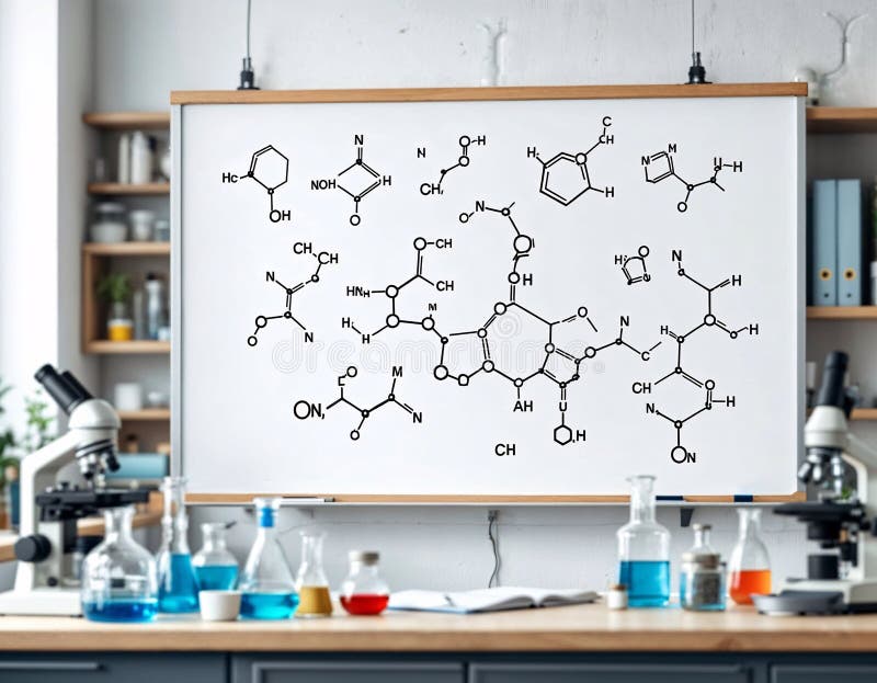 Laboratory Setup Featuring Chemical Structures on a Whiteboard, Various ...