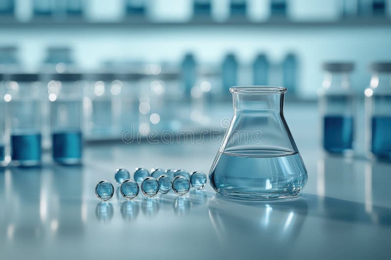 Laboratory Setup Featuring a Glass Flask and Blue Liquid on a Research ...