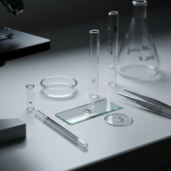 Laboratory Setup Featuring Glassware and Scientific Tools. a Microscope ...