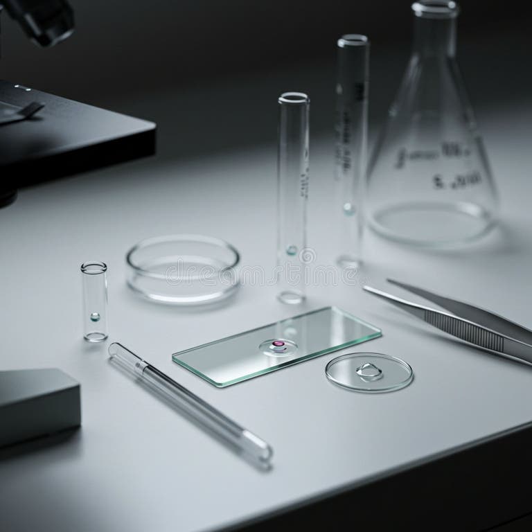 Laboratory Setup Featuring Glassware and Scientific Tools. a Microscope ...
