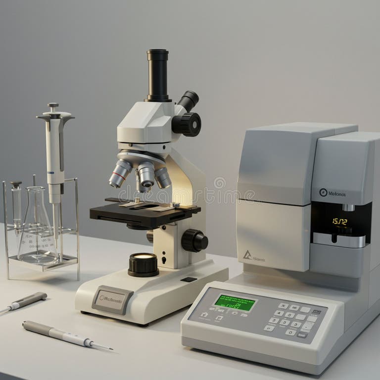 Laboratory Setup Featuring a Microscope with Adjustment Knobs and ...