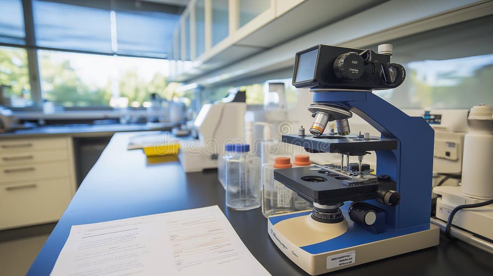 Laboratory Setup Featuring a Microscope on a Counter with Equipment and ...