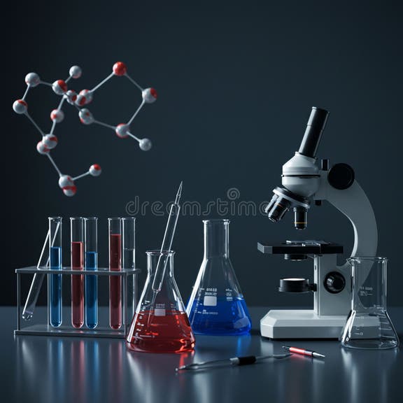 Laboratory Setup Featuring a Microscope, Test Tubes, and Beakers Filled ...